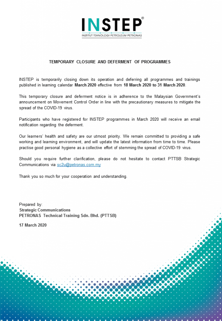 Temporary Closure and Deferment of Programmes - INSTEP